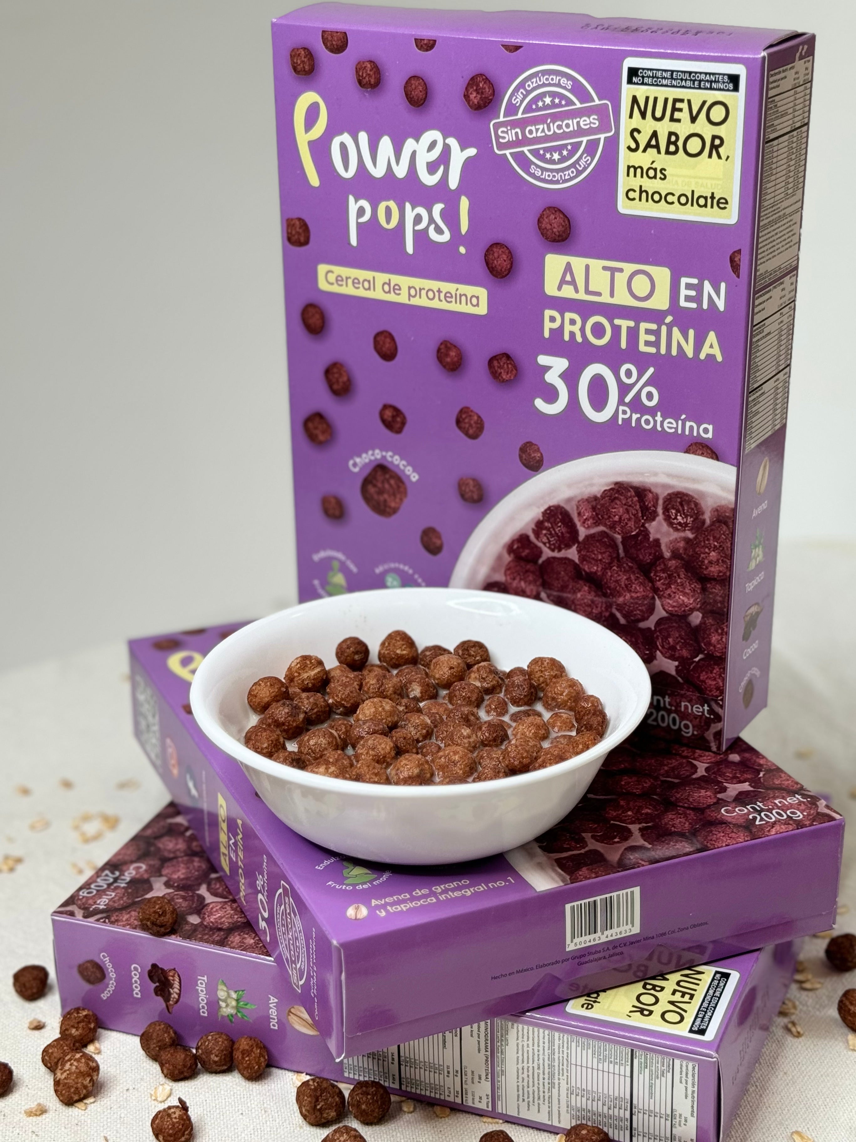 Cereal alto en proteína Power pops! sin azúcar o grasa sabor chocolate ...